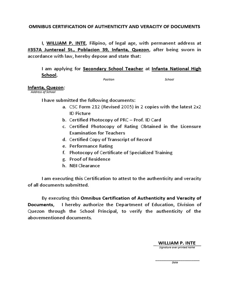 Omnibus Certification of Authenticity and Veracity of Documents | PDF