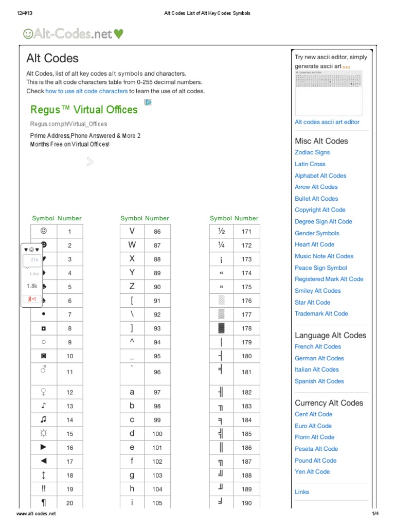 Alt Codes List of Alt Key Codes Symbols PDF | PDF | Ascii | Notation
