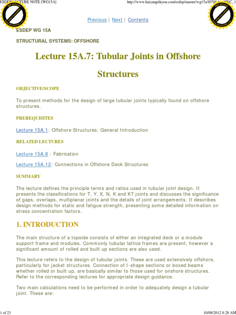 Tubular Joint Design for Offshore Jackets | PDF | Fatigue (Material ...