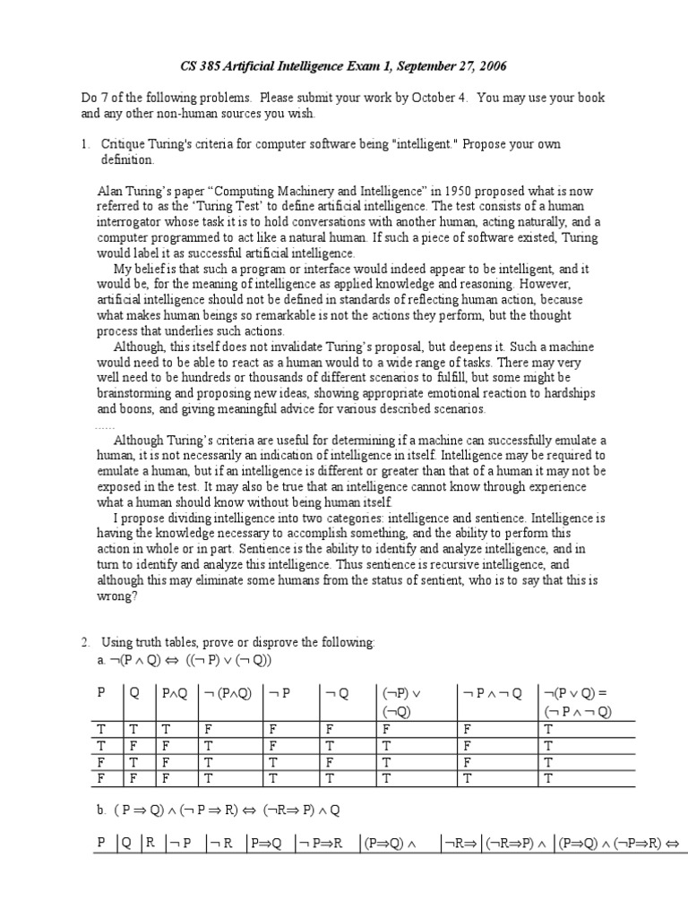 Artificial Intelligence Exam 1 | PDF | Intelligence | Artificial ...