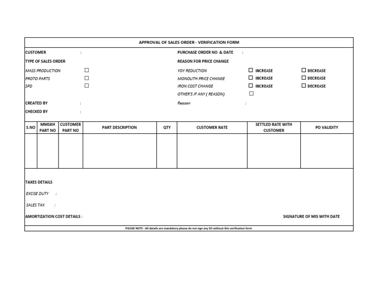 Approval of Sales Order - Verification Form | PDF
