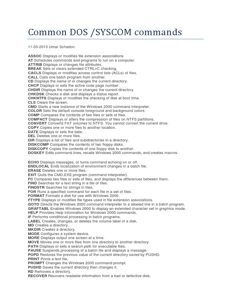 Common DOS /SYSCOM Commands: 11-03-2013 Umar Schadon | PDF | Command ...