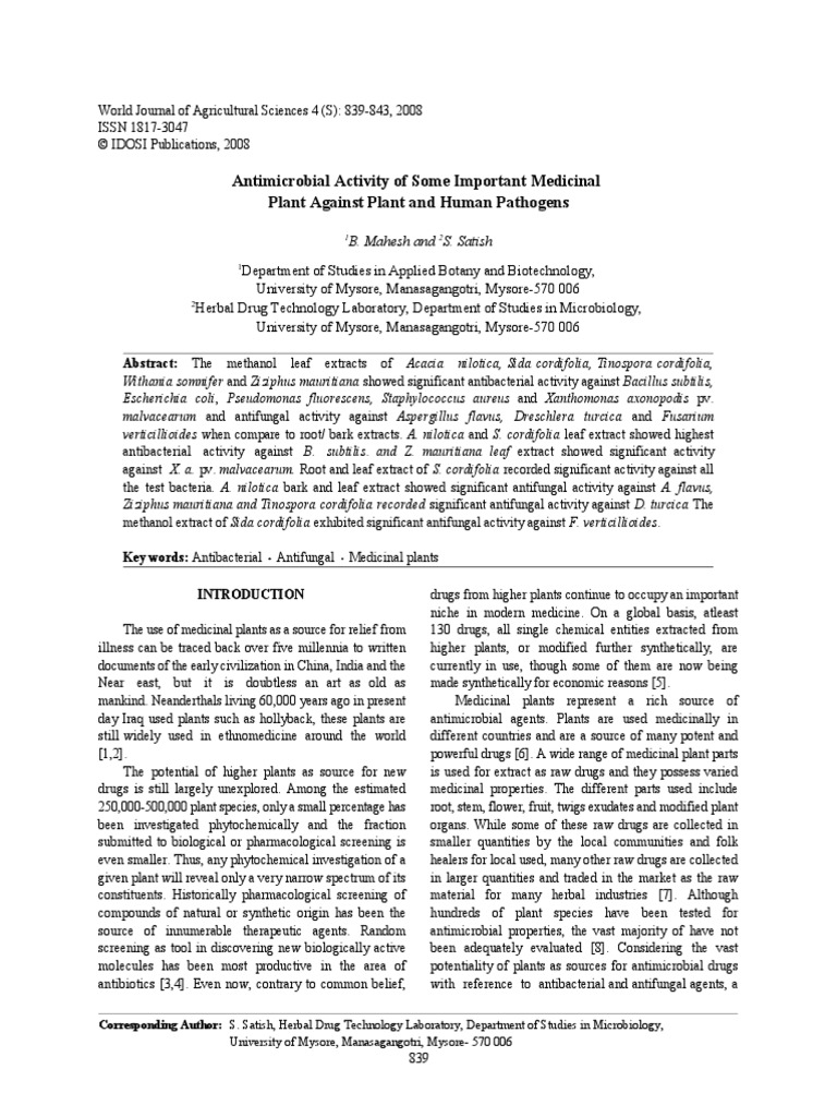 Antimicrobial Activity Of Some Important Medicinal Plant Against Plant