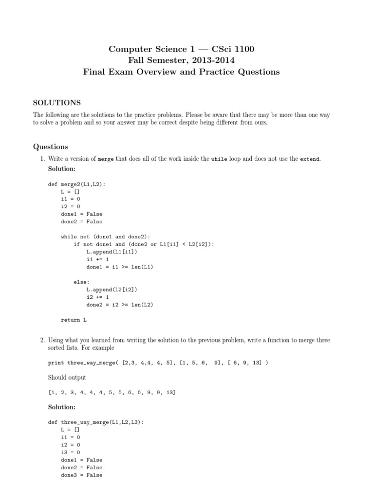 CSci 1100 Final Exam Practice Questions | PDF | Sequence | Computer Programming