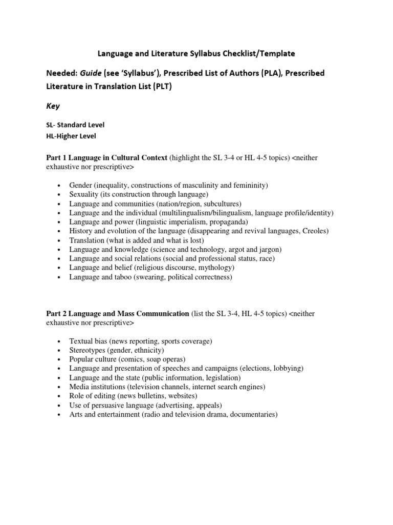 Language and Literature Syllabus Checklist | PDF | Gender | Gender Studies