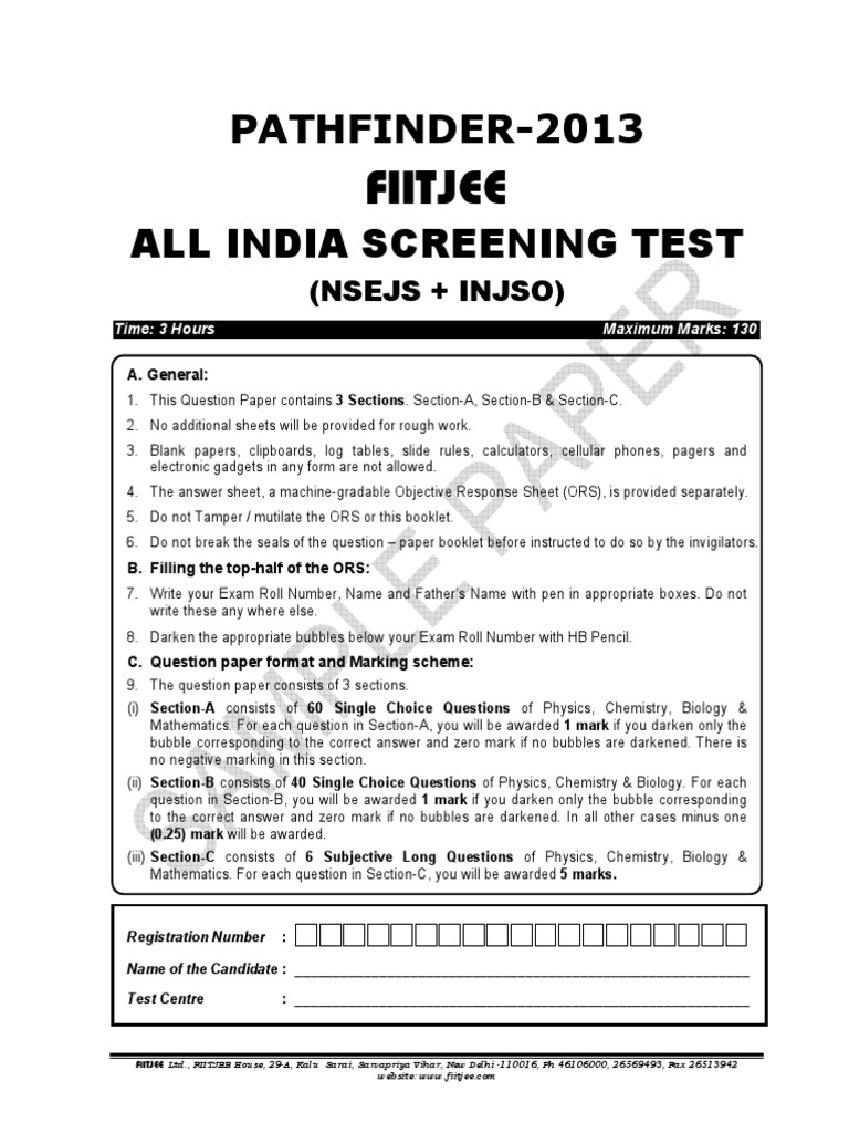 Sample Paper f Aist 2013 Nsejs Injso | Angiotensin | Chemistry | Free ...