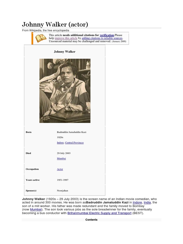 Johnny Walker (Actor) | PDF | Cinema Of India | Bollywood