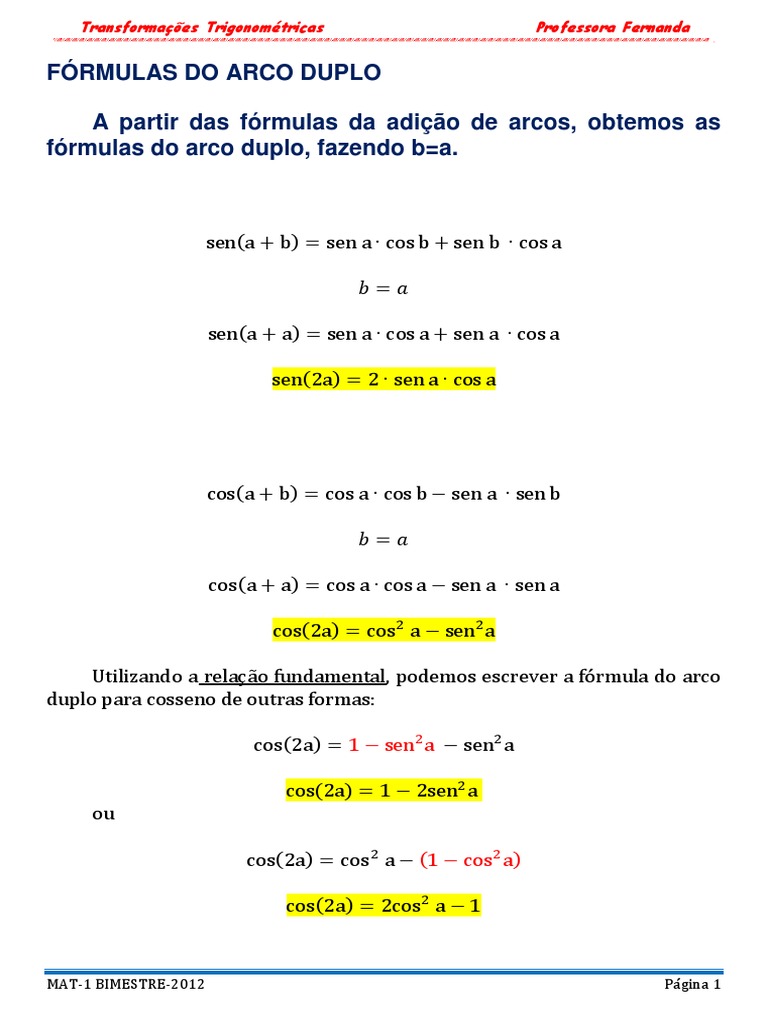 Formulas Do Arco Duplo-1 | PDF | Trigonometria | Equações
