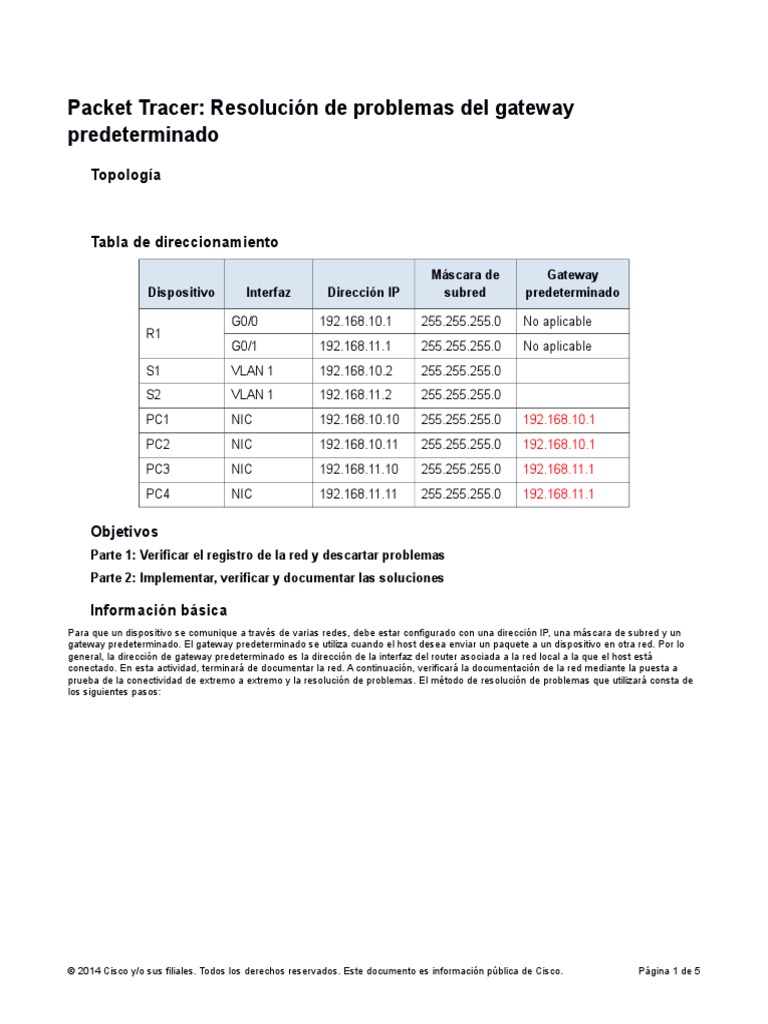 6.4.3.4 Packet Tracer - Troubleshooting Default Gateway Issues Instructions | PDF | Internet ...