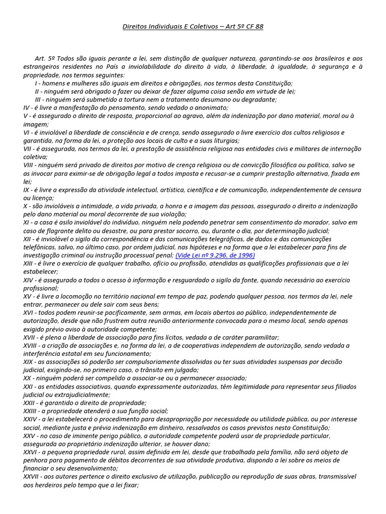 Direitos e Deveres Individuais e Coletivos - Art 5 CF 88 | Propriedade ...