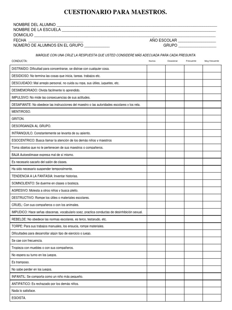 Cuestionario para Maestros | PDF | Cognición | Sicología