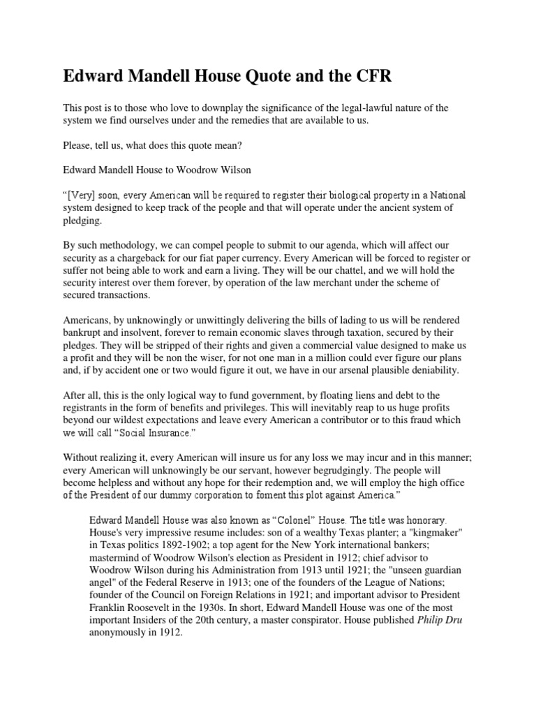Edward Mandell House Quote and The CFR | PDF | Council On Foreign ...