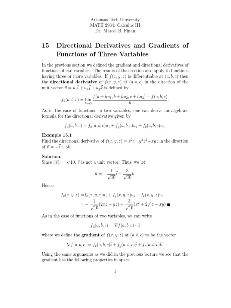 Cal145 Directional Derivatives and Gradients of Functions of Three ...