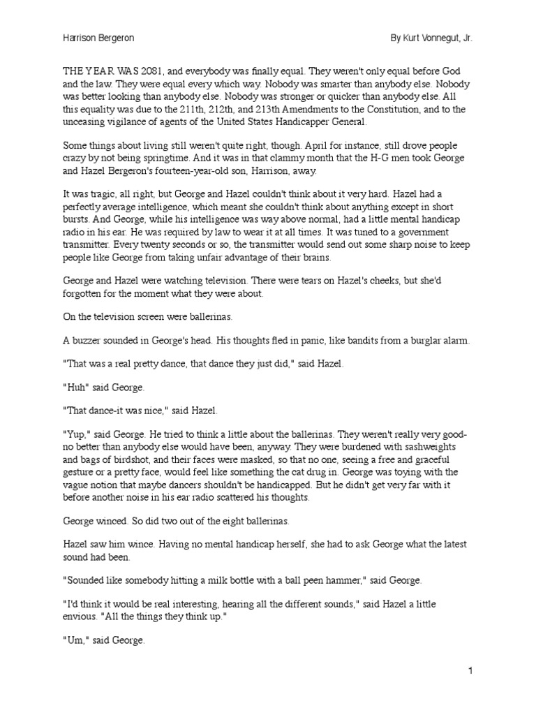 Harrison Bergeron! by Kurt Vonnegut, JR | PDF | Nature