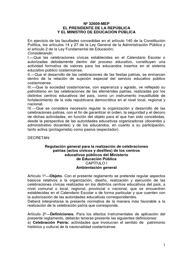 Decreto32609 MEP ReglamentodeCelebracionesPatrias | PDF | Costa Rica ...