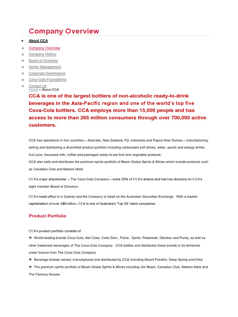 CCA. Coca Cola - Company Overview | PDF | The Coca Cola Company | San ...