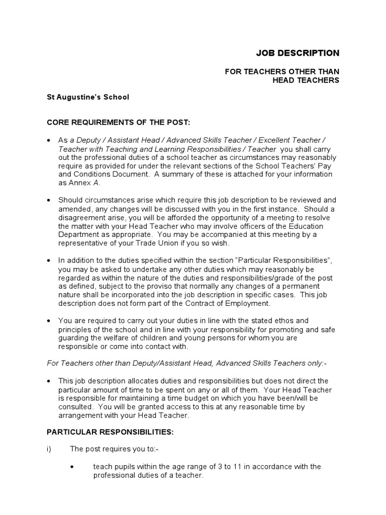 Class Teacher Job Description | PDF | Teachers | Virtue