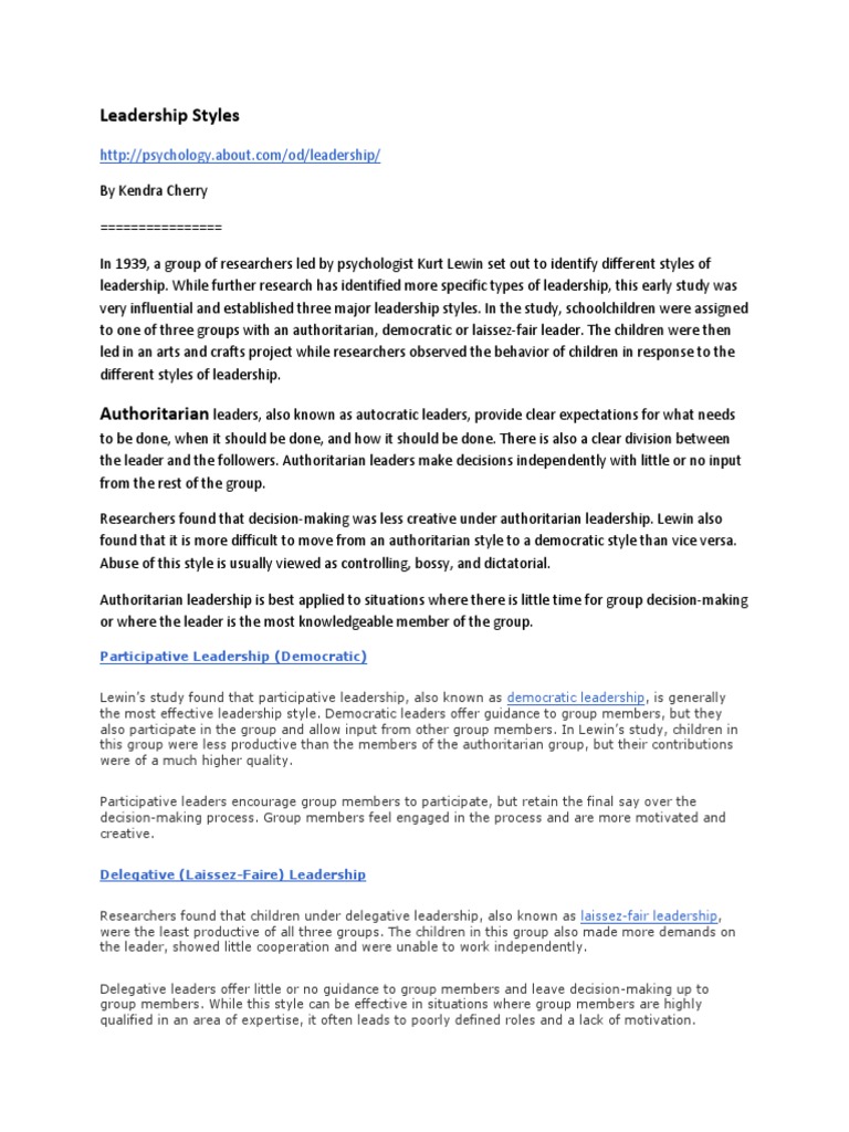 Leadership Styles Pdf Leadership Decision Making