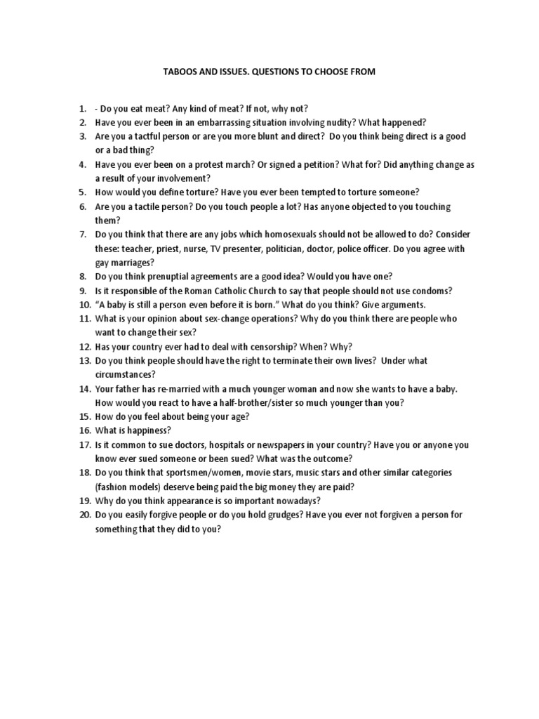 Taboos and Issues. Questions For Exam | PDF