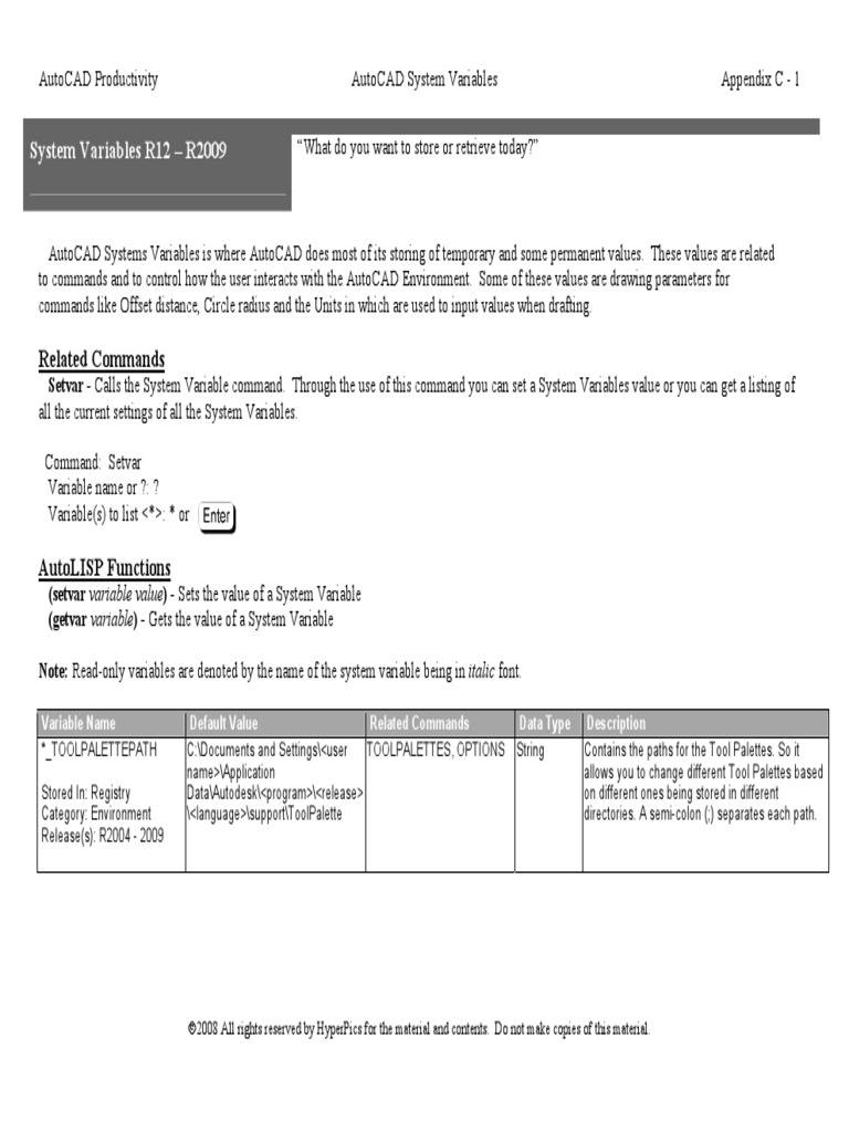 AutoCAD 2009 System Variables Overview | Download Free PDF | Variable (Computer Science ...