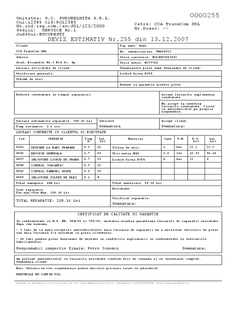 Deviz Estimativ Expertiza Judiciara Model