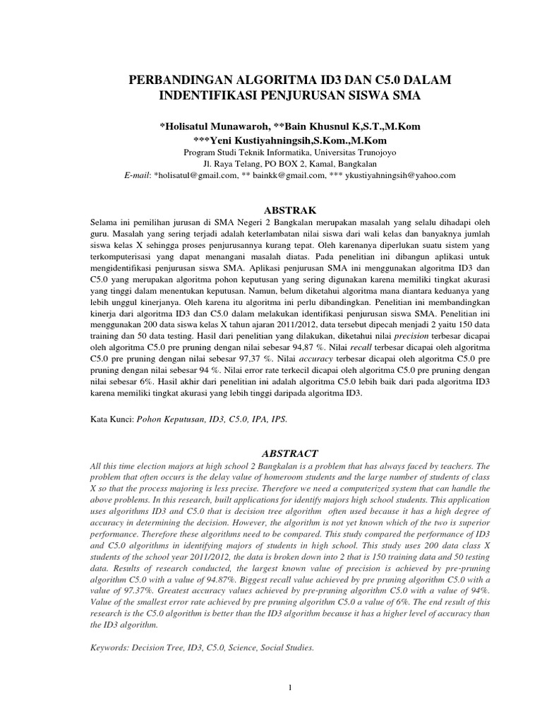Perbandingan Algoritma Id3 Dan c5.0 Dalam Indentifikasi Penjurusan ...