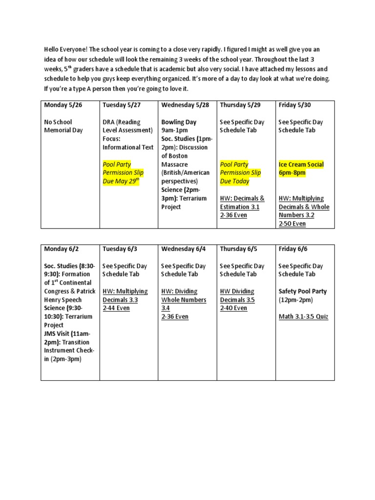 5th Grade End-of-Year Schedule | PDF