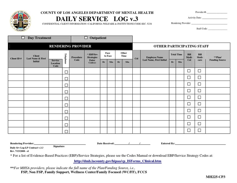 Daily Mental Health Service Log Template | PDF | Health Care | Medicine