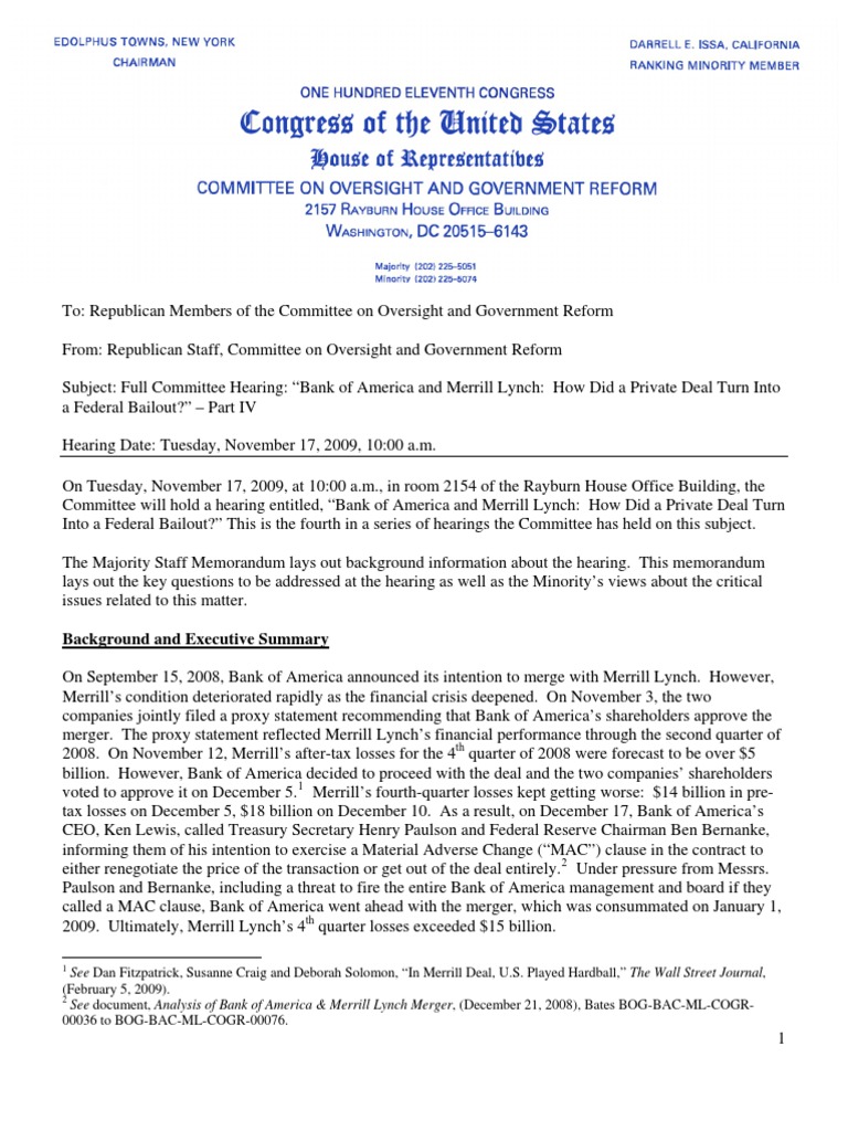 Republican Memo On Merrill Hearing | PDF | Bank Of America | Ben Bernanke