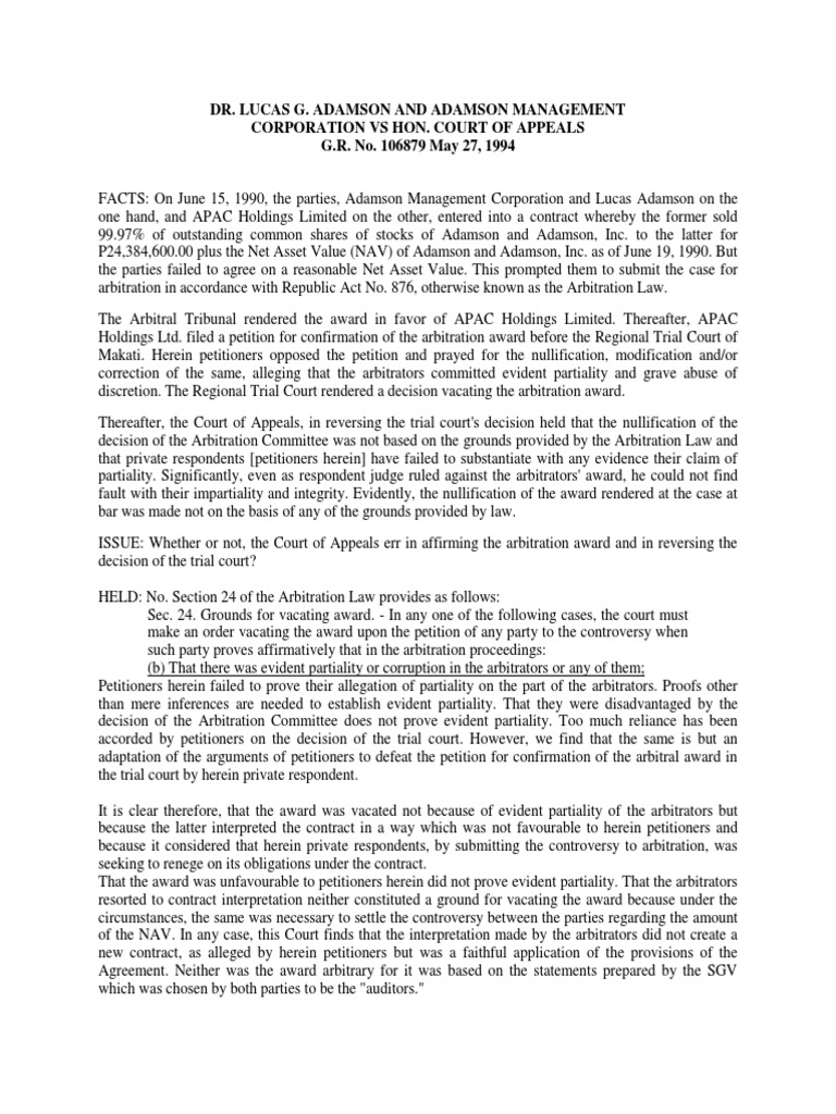 Dr. Lucas G. Adamson and Adamson Management Corporation Vs Hon. Court ...