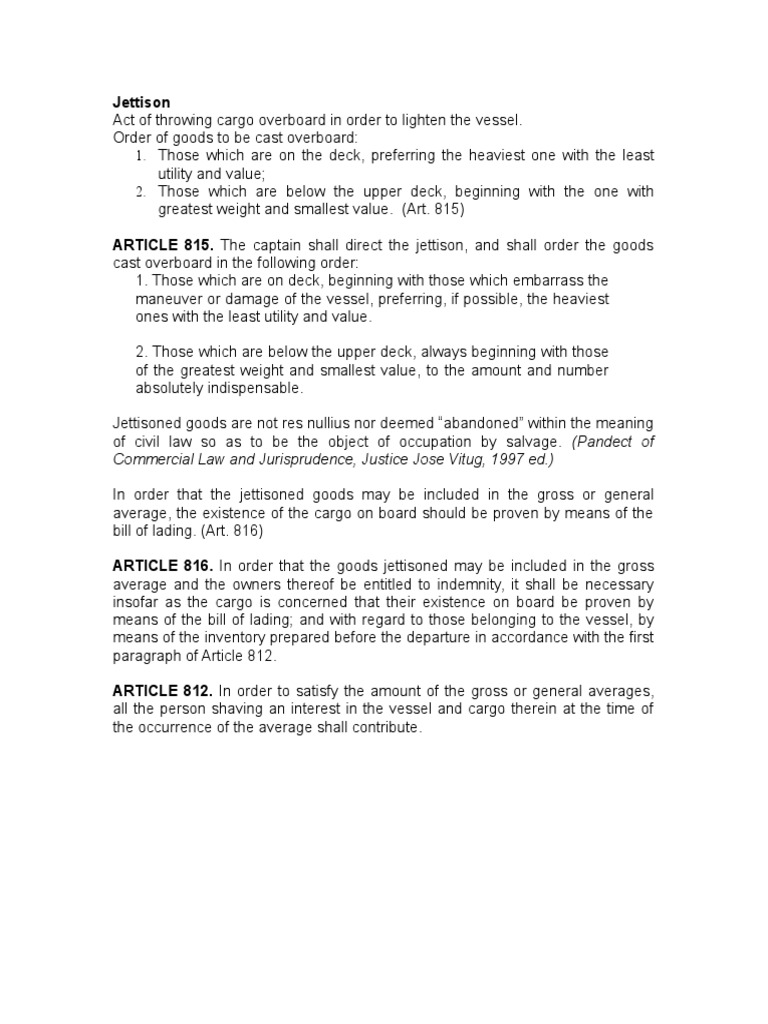 Jettison: Commercial Law and Jurisprudence, Justice Jose Vitug, 1997 Ed ...