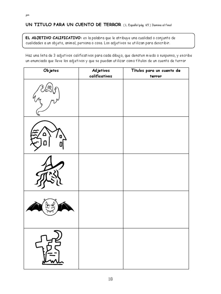 Fichas Adjetivo Calificativos y Creacion Cuento de Terror 7 Basico | PDF | Cuentos