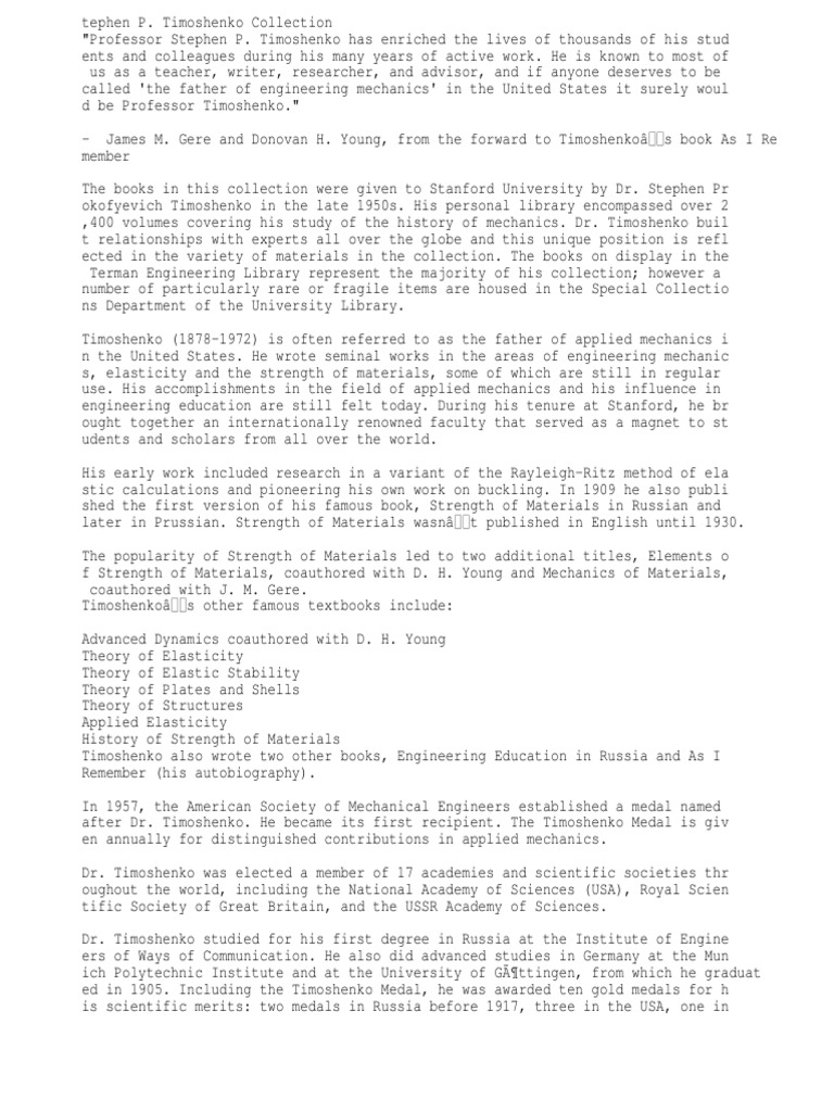 Stephen Timoshenko Collection | PDF | Science And Technology | Engineering