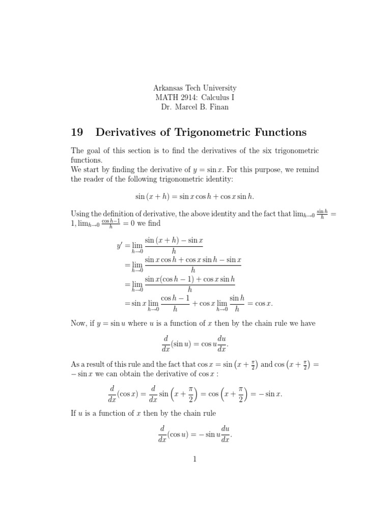 Derivatives of Trigonometric Functions | PDF | Sine | Trigonometric ...