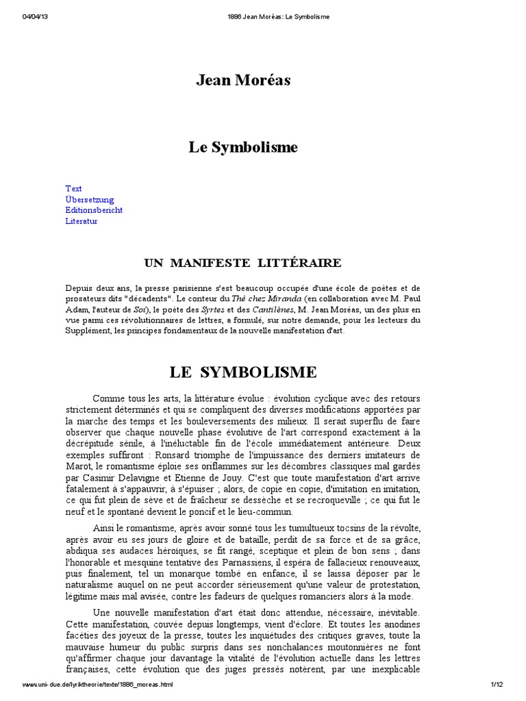 Manifeste du Symbolisme de Moréas | PDF | Idée | Poésie