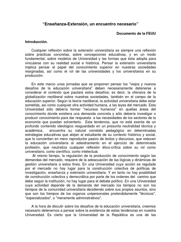 FEUU. Enseñanza - Extensión, Un Encuentro Necesario | PDF | Plan de ...