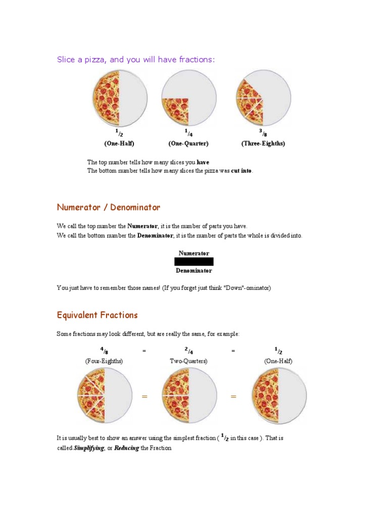 Slice A Pizza, and You Will Have Fractions:: Numerator / Denominator | PDF