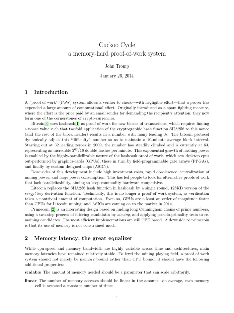 Cuckoo Cycle A Memory-Hard Proof-Of-Work System: John Tromp January 26 ...