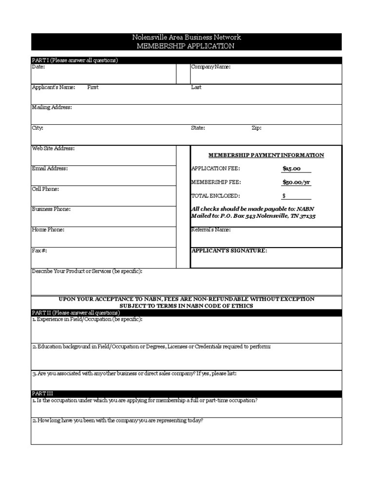 Nolensville Area Business Network Membership Application: PART I ...