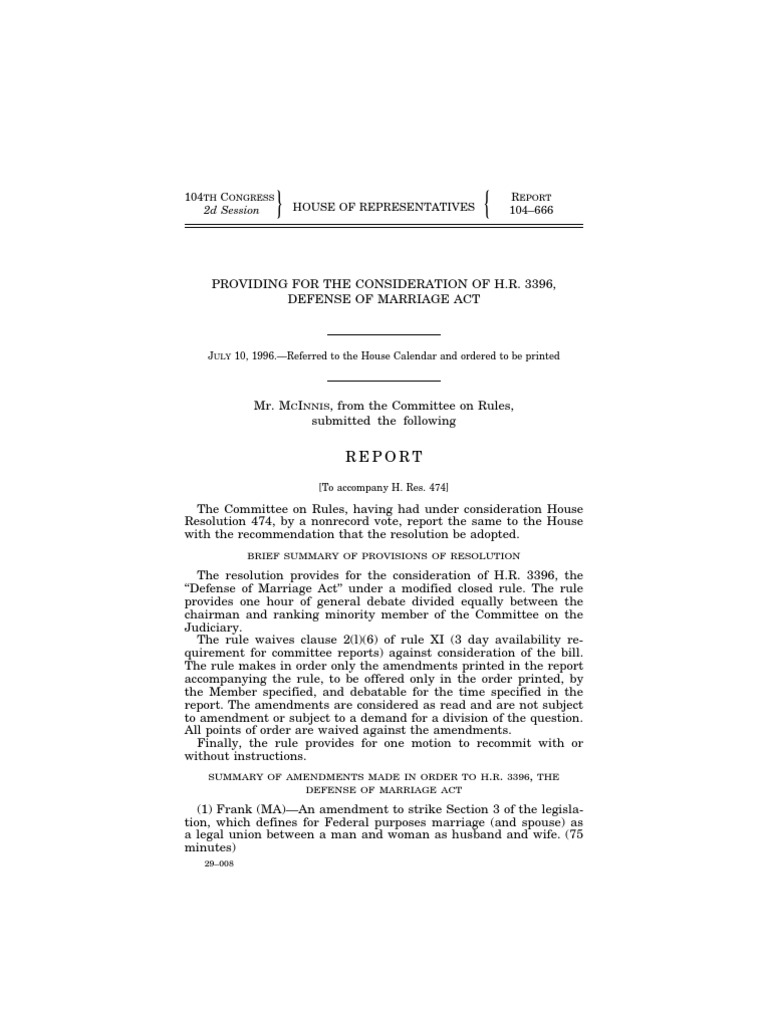 House Report On The Defense of Marriage Act (DOMA), H.R. Report 104-666 ...
