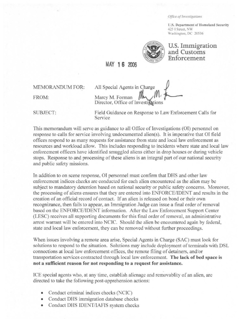 ICE Guidance Memo - Responding To Law Enforcement Requests (5/16/06 ...