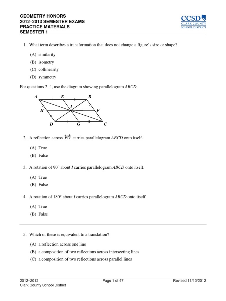 Geometry Honors 2012-2013 Semester Exams Practice Materials Semester 1 ...