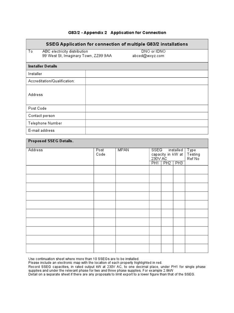 G83-2 Appendix 2 - Application For Connection Form | PDF