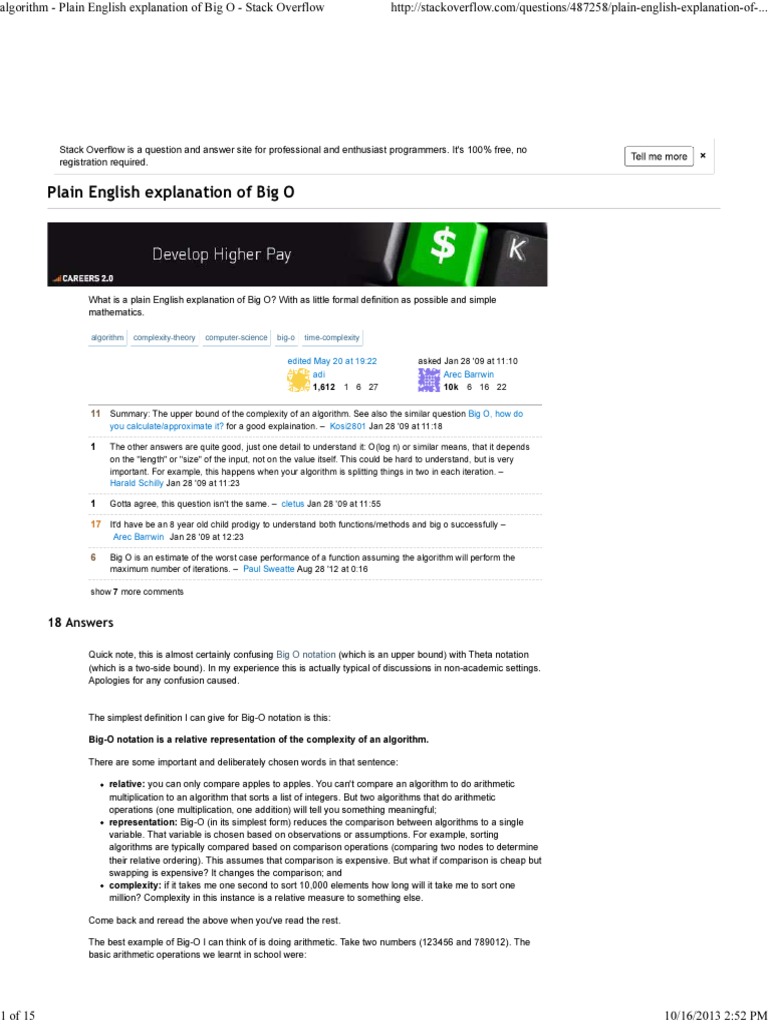 Algorithm - Plain English Explanation of Big O - Stack Overflow | PDF | Time Complexity ...