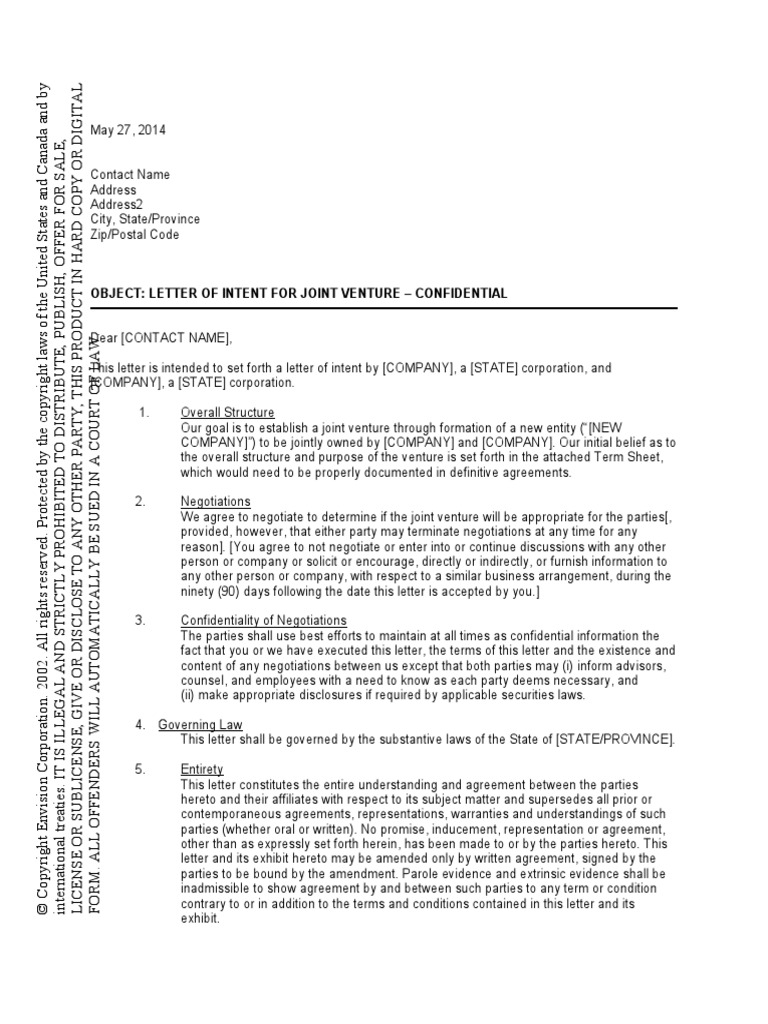 Letter of Intent For Joint Venture | PDF | All Rights Reserved | Copyright