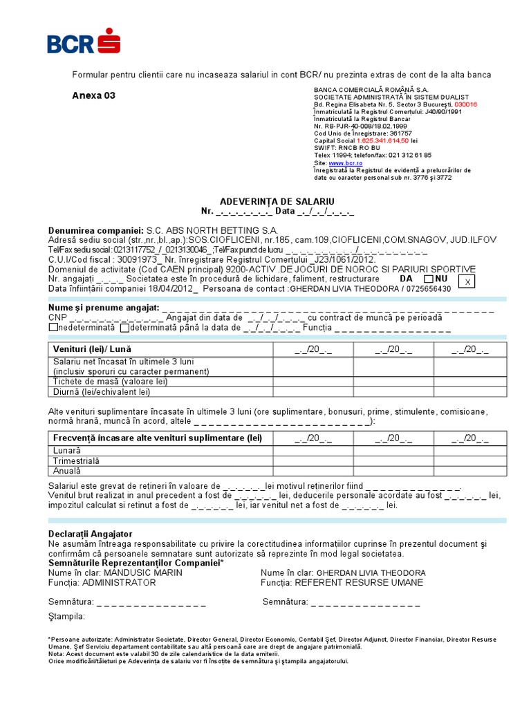Adeverinta de Venit - BCR - Anexa | PDF