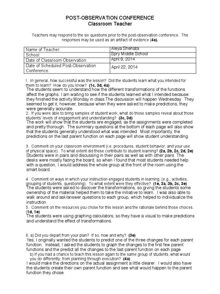 Post-Observation Conference Insights | PDF | Classroom | Understanding