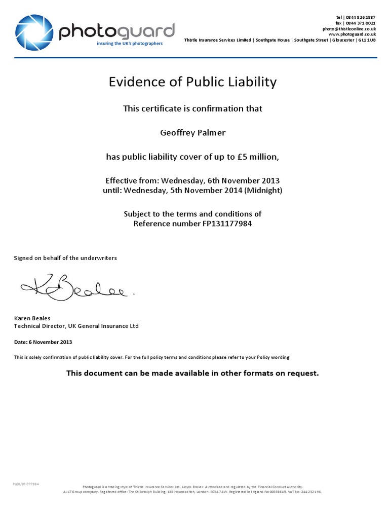 Public Liability Certificate | PDF | Business | Law