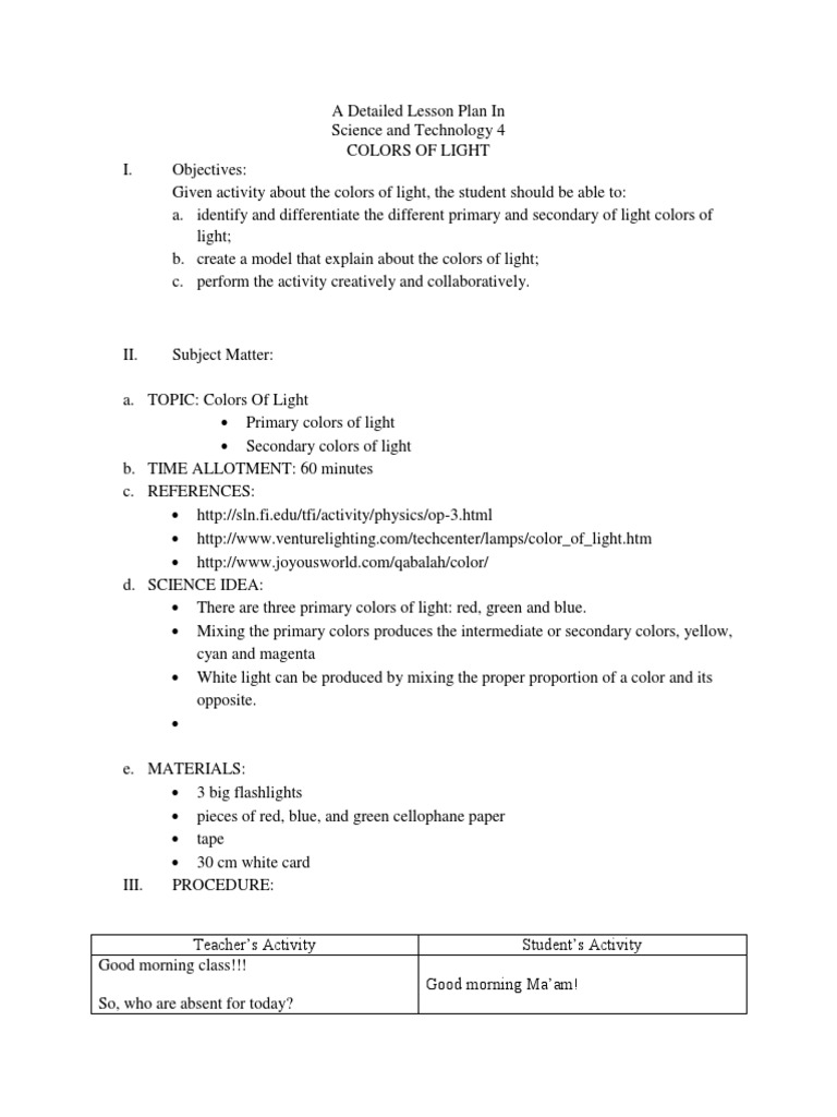 Lesson Plan: Colors of Light for Grade 4 | PDF | Color | Magenta