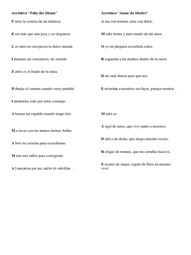 Acróstico Dia de Las Madres | PDF | María, madre de Jesús | Amor